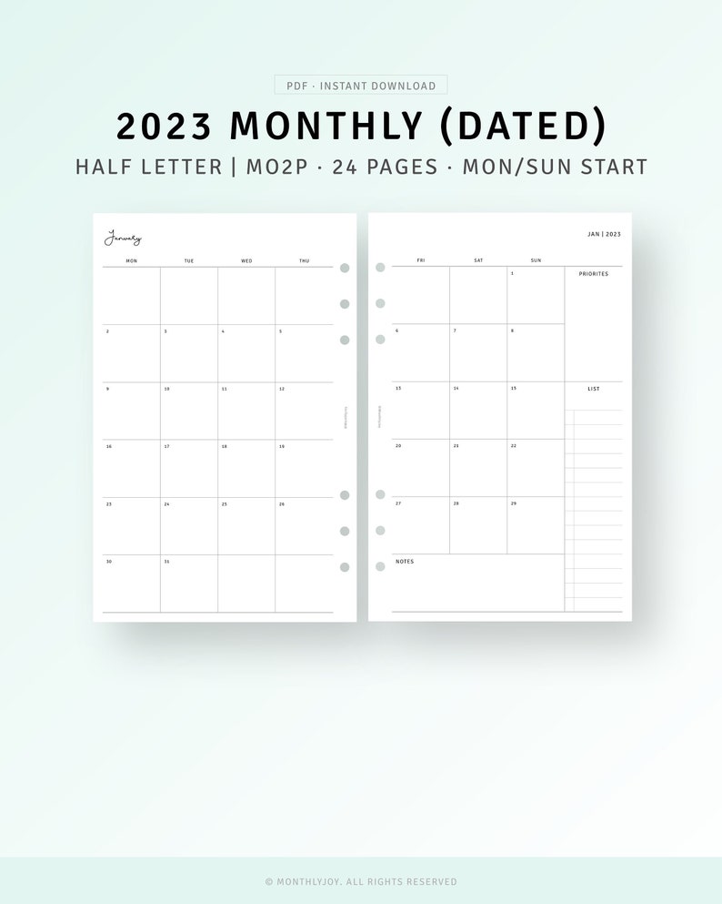 2023 Monthly Planner Printable Half Letter Inserts 2023 - Etsy