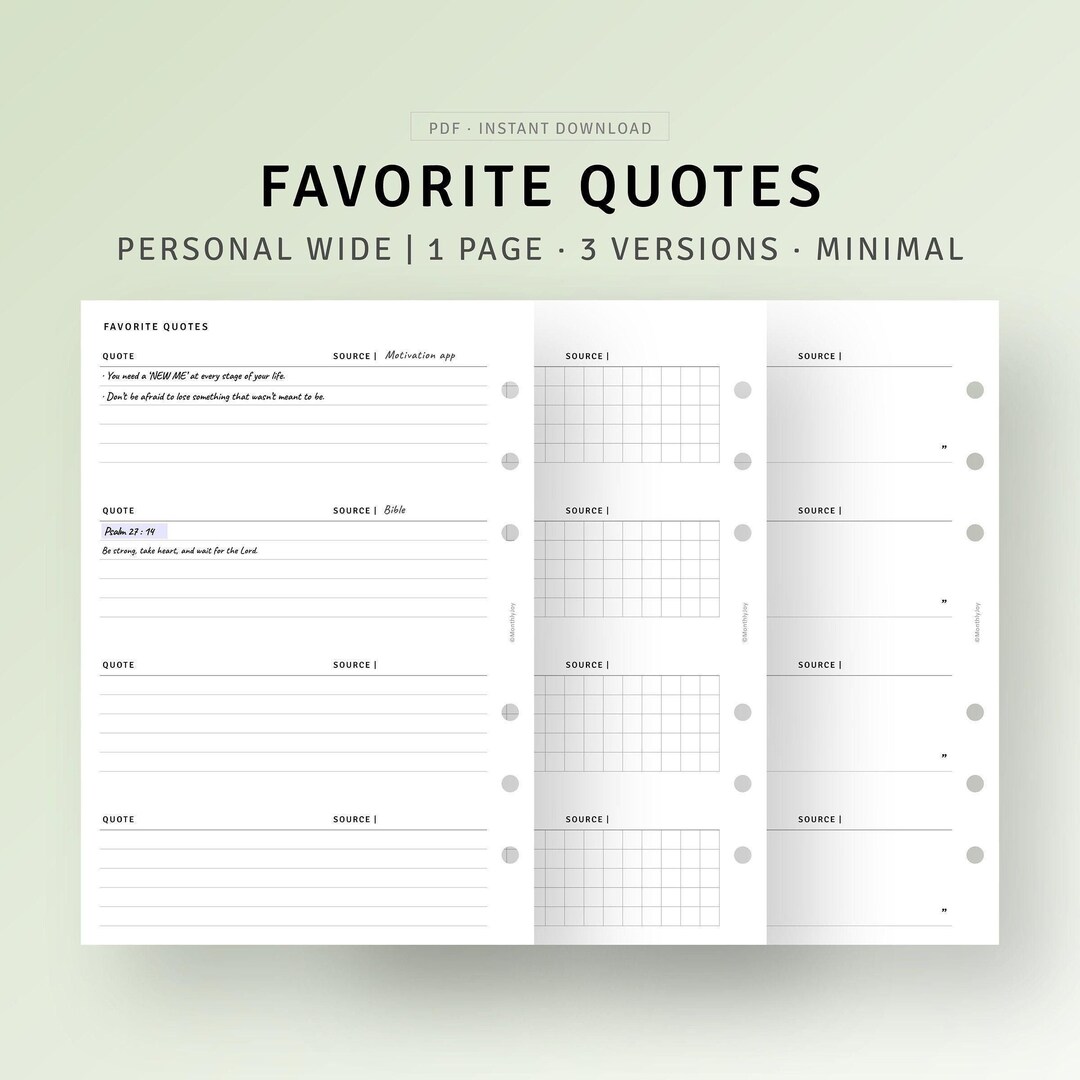 Printable Favorite Quotes Template Personal Wide Inserts, Positive ...