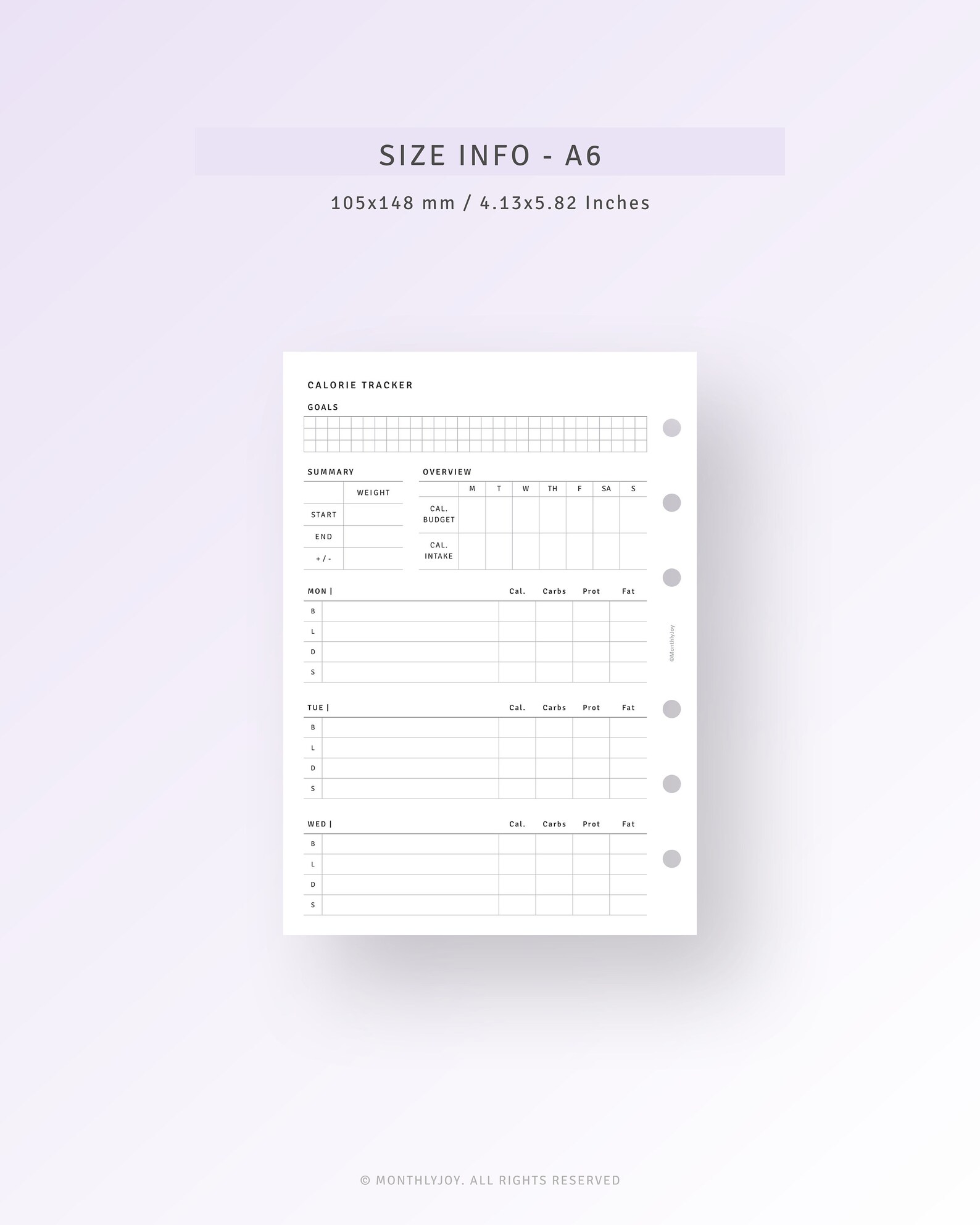 Calorie Tracker A6 Inserts Printable Food Diary Journal - Etsy