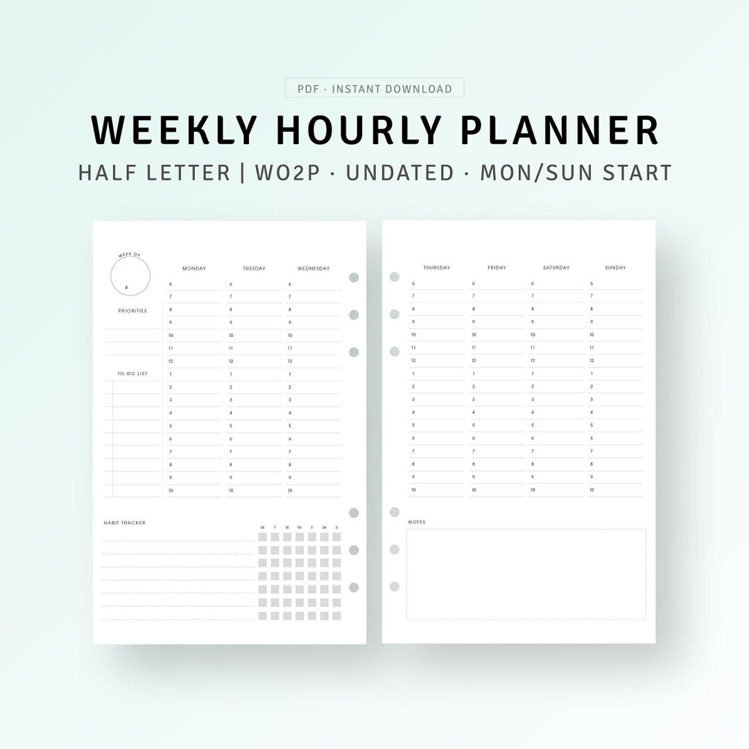 Weekly Hourly Planner Printable Week on 2 Pages, Weekly Schedule ...