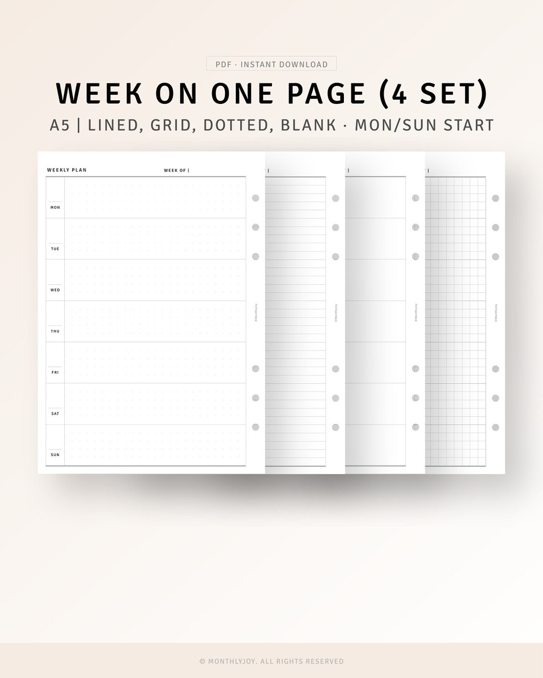A5 Size, Week on One Page Printable Undated Weekly Planner PDF Template ...