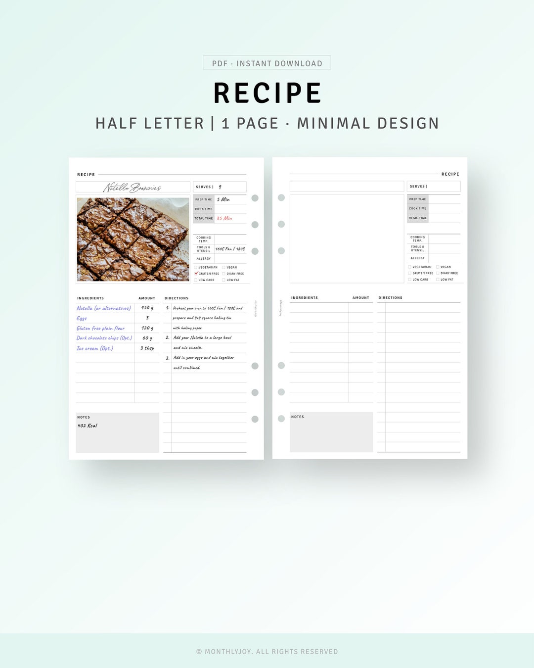 Recipe Planner Half Letter Printable Inserts Kitchen Recipe - Etsy