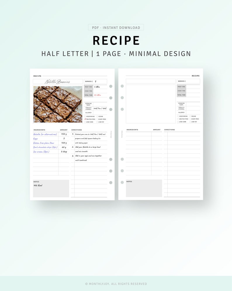 Recipe Planner Half Letter Printable Inserts Kitchen Recipe - Etsy