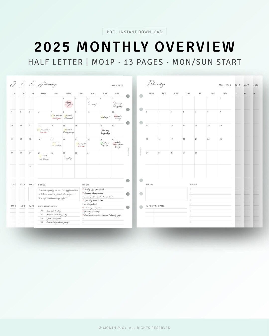 2025 Monthly Planner Half Letter Inserts Printable Dated 2025 Calendar ...