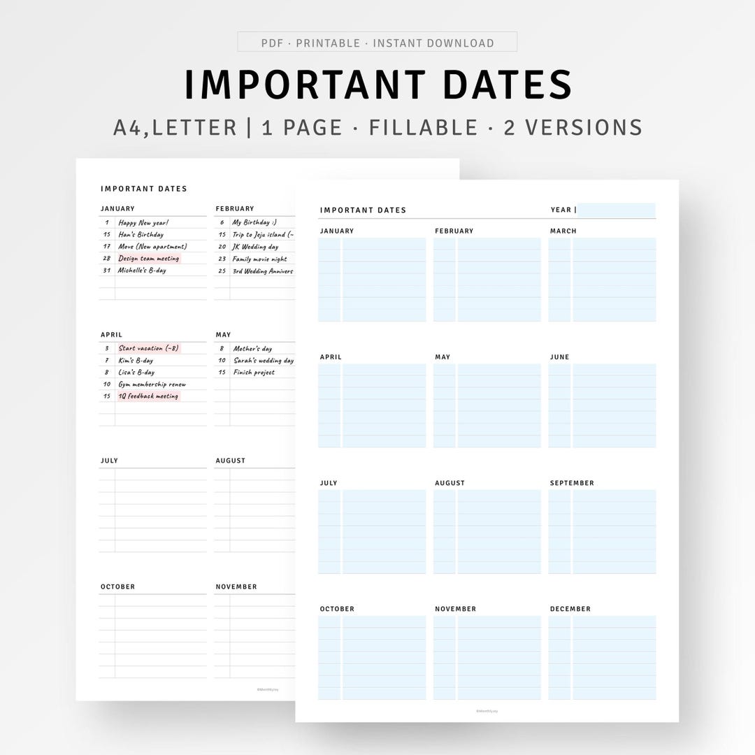 Yearly Important Dates Printable A4/letter Inserts, Fillable Year at A ...