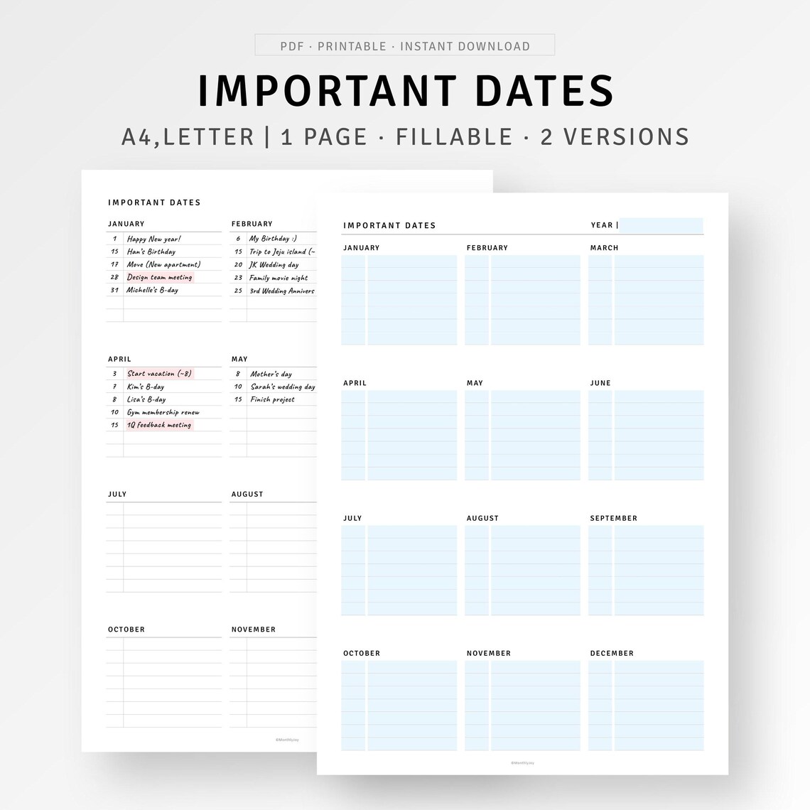 Yearly Important Dates Printable A4/letter Inserts, Fillable Year at A ...