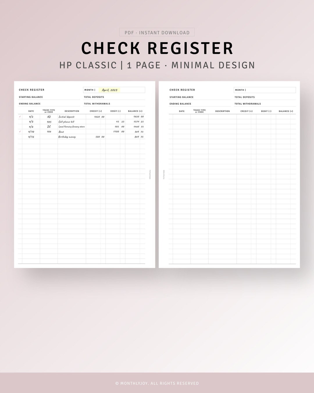 Check Book Register HP Classic Printable Inserts, Spending Log ...