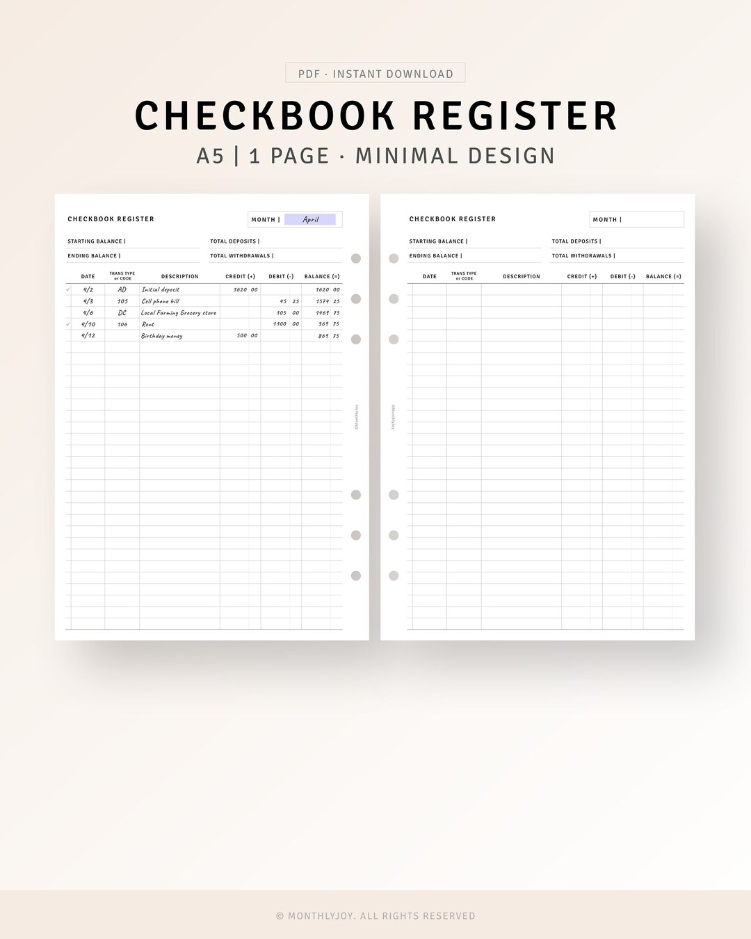 A5 Size, Checkbook Register Printable Template, Finance Planner ...
