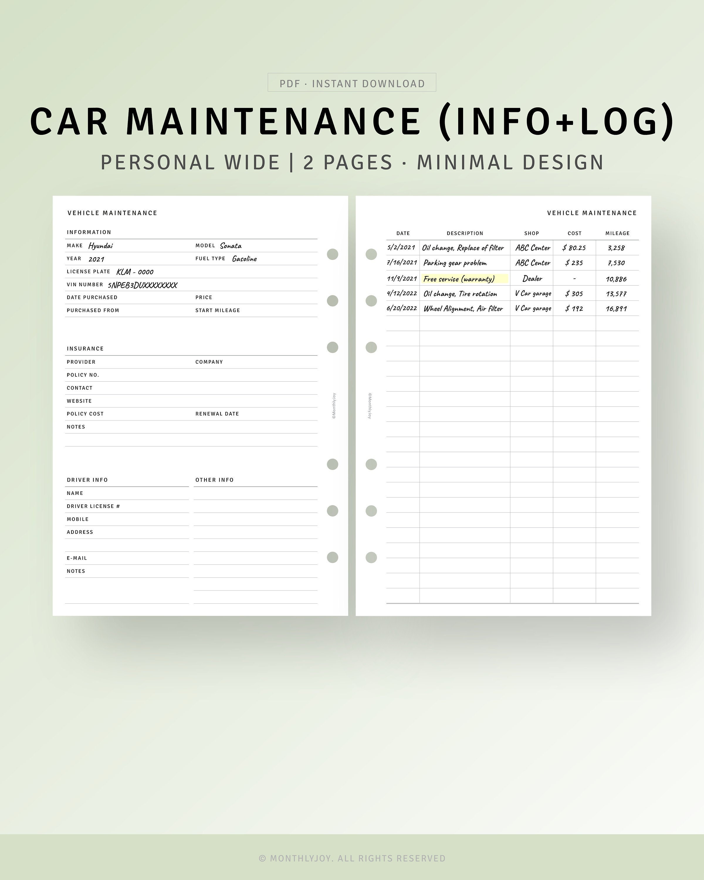 Car Maintenance Personal Wide Printable Vehicle Care Tracker - Etsy