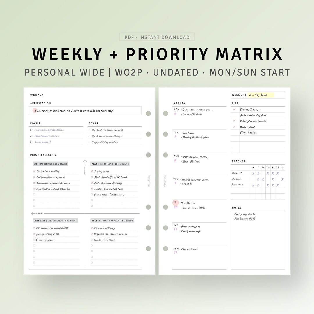 Weekly Planning With Priority Matrix Personal Wide Printable Weekly ...