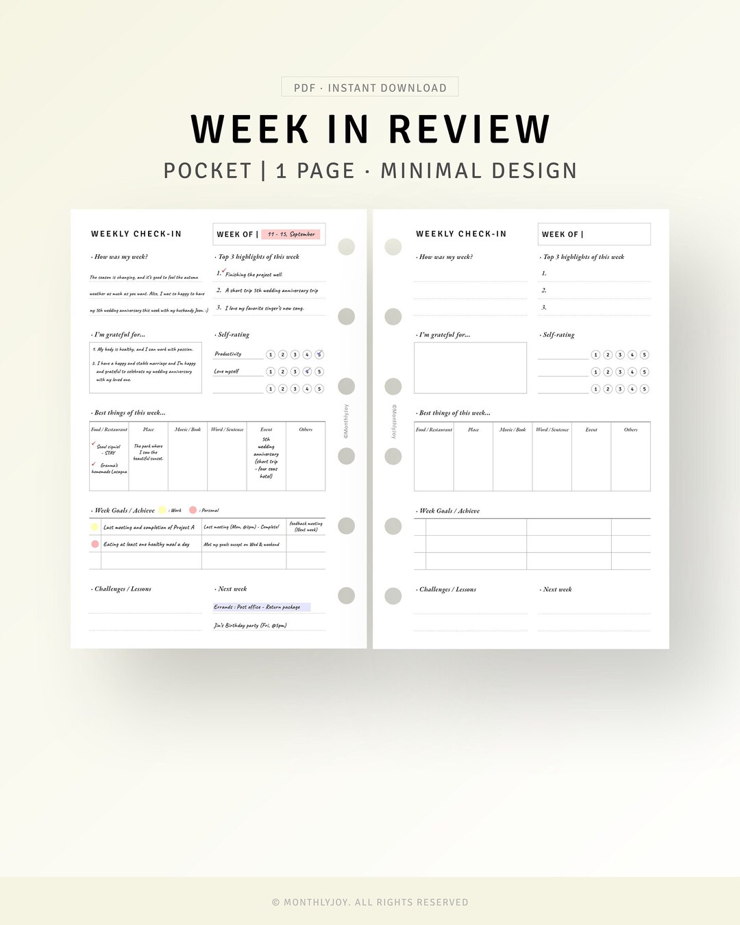 Weekly Review Pocket Planner Inserts Printable Week Reflection Journal, Daily Gratitude Diary ...