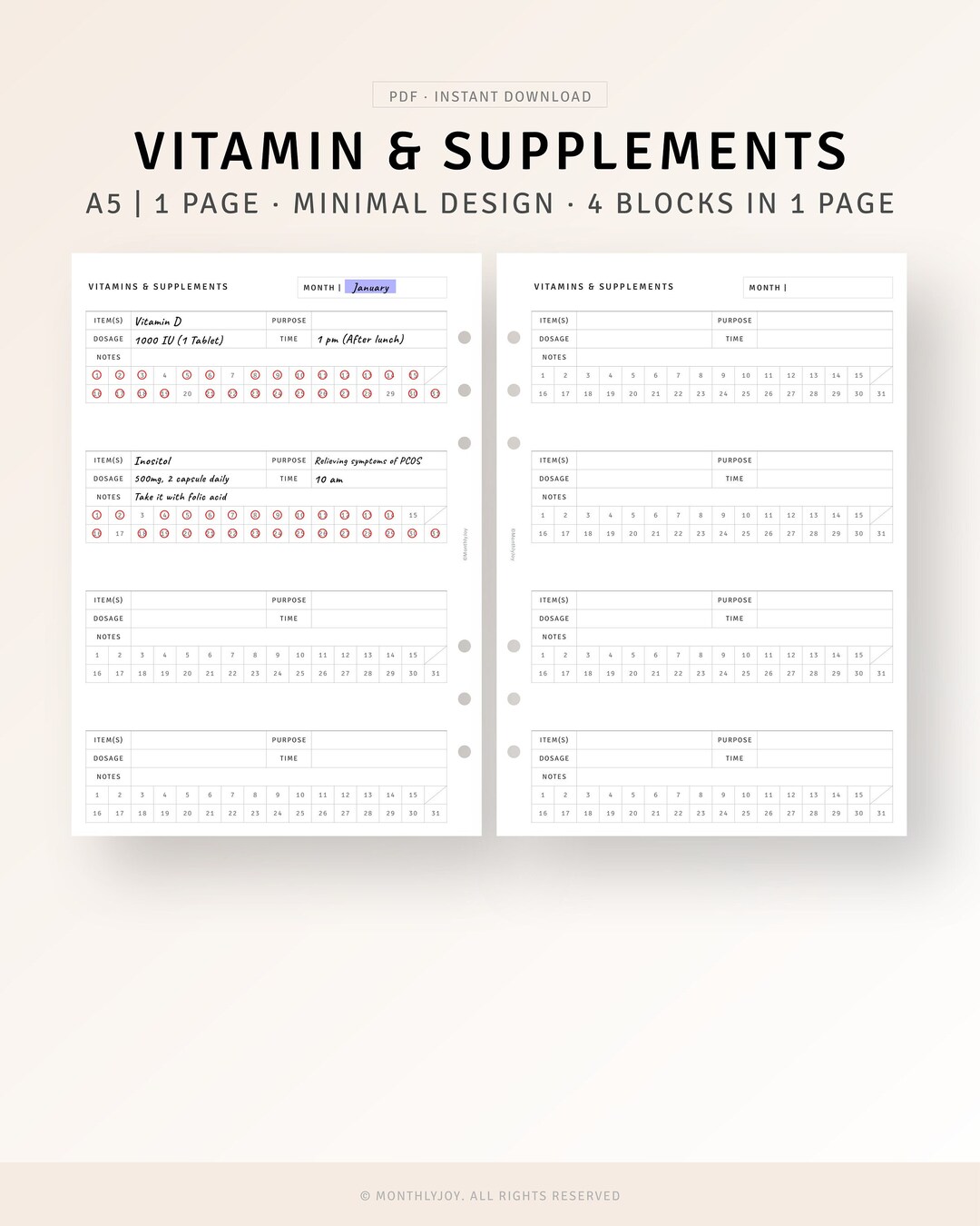 Medication Log A5 Inserts Printable Vitamin Supplement Tracker, Daily ...