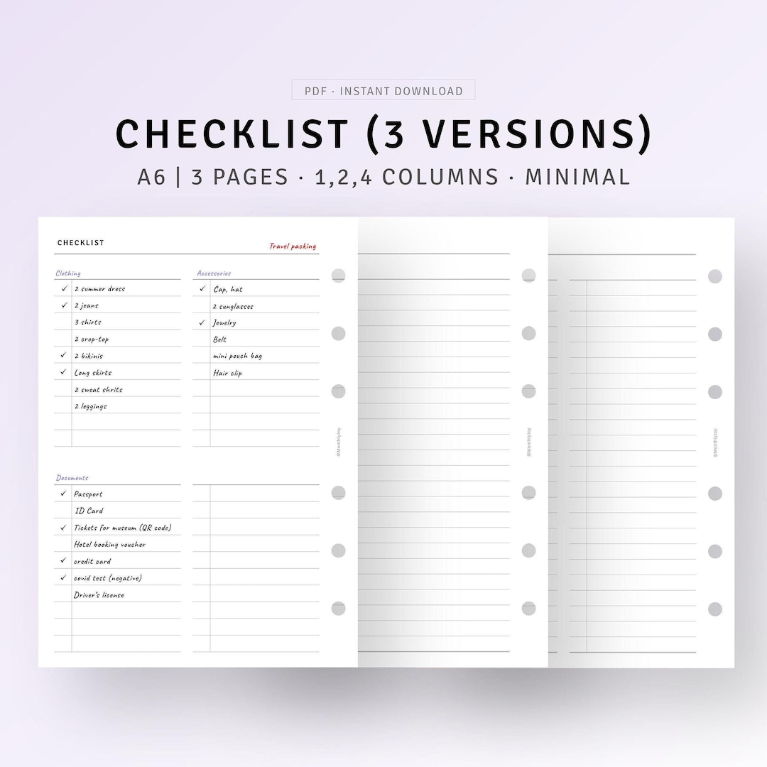 Checklist Template A6 Planner Inserts Printable Recurring Task List ...