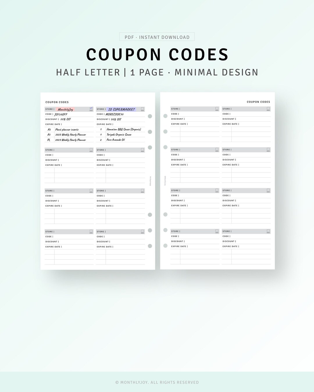 Coupon Planner Tracker Printable Half Letter Size Inserts, Shopping ...