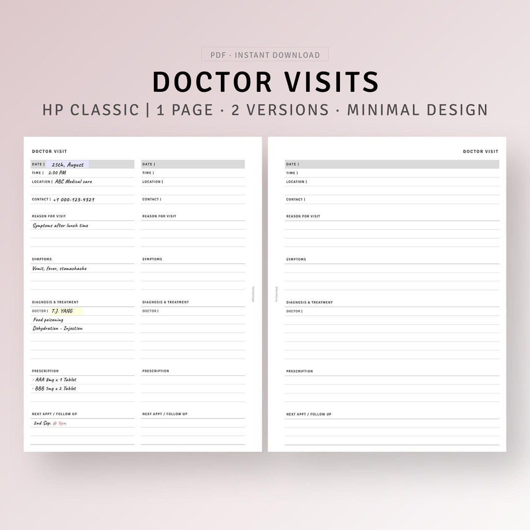 Doctor Visits Planner HP Classic Printable Inserts, Hospital Medical ...