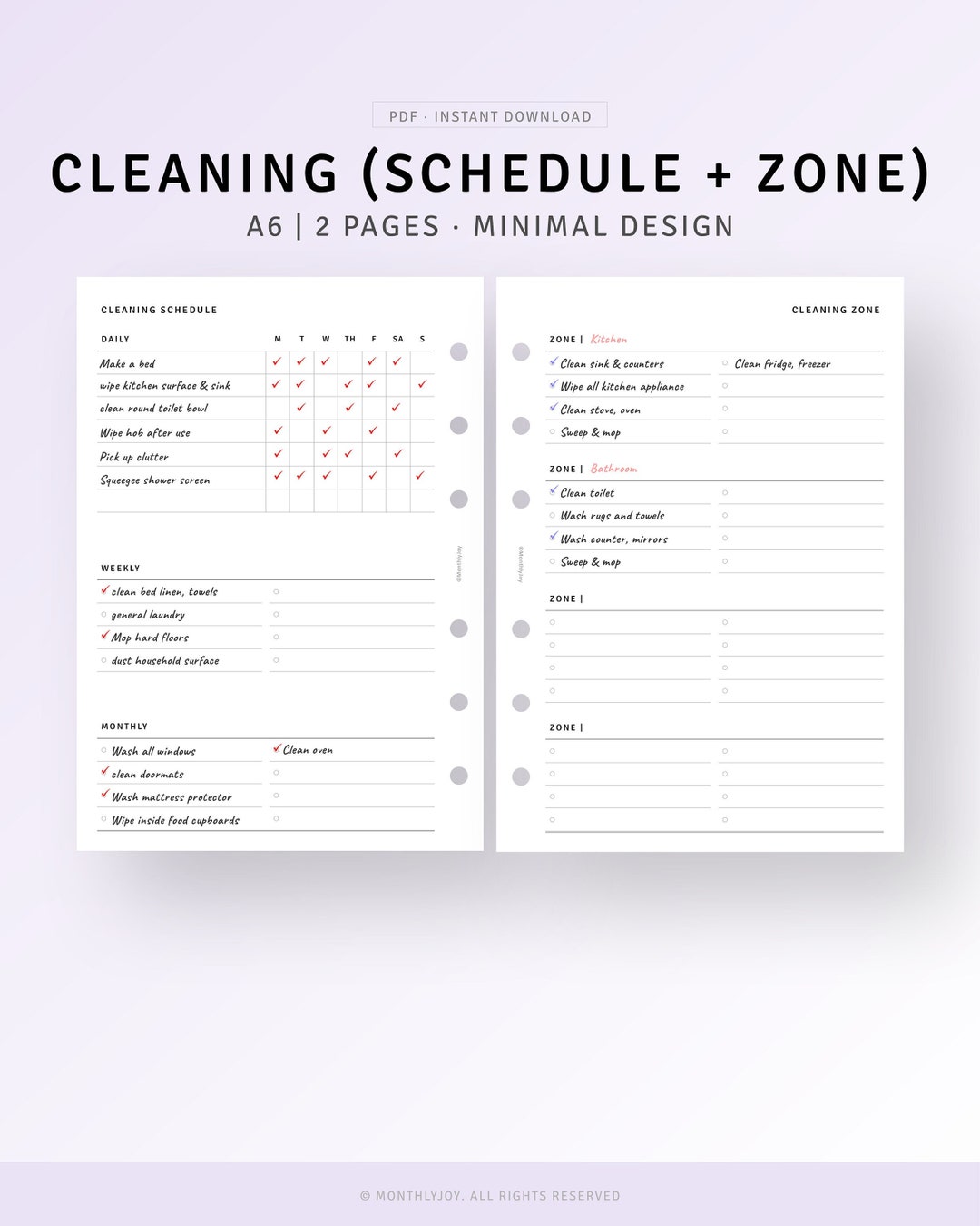 Household Cleaning Schedule Printable A6 Inserts, House Zone Cleaning ...