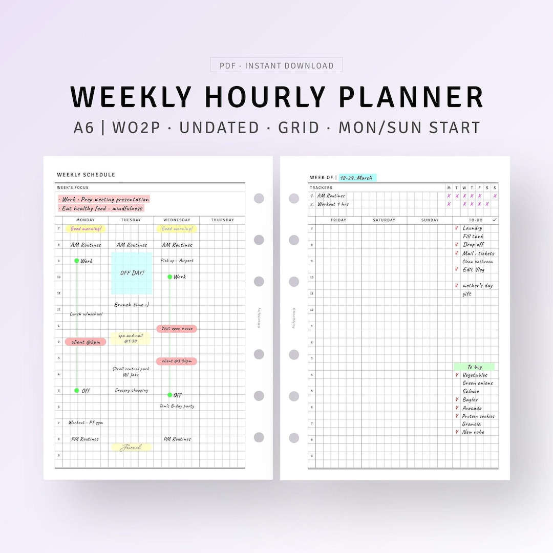 Simple Weekly Hourly Planner A6 Inserts Printable Week on Two Page ...