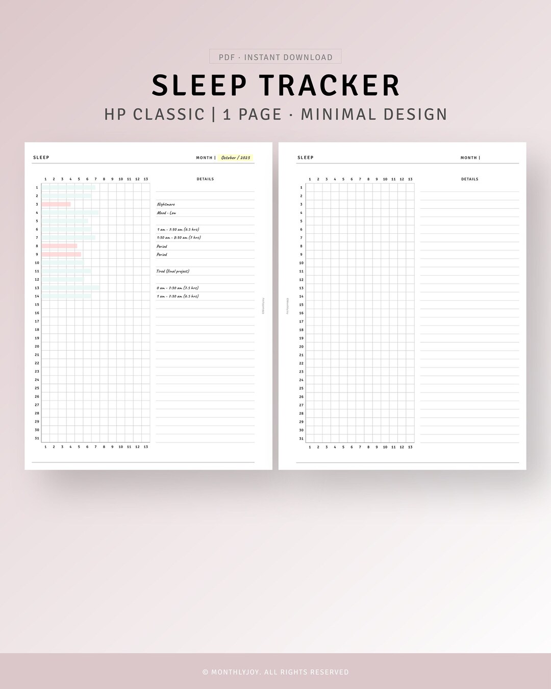 Sleep Tracker HP Classic Inserts Printable, Monthly Sleep Log, Sleeping ...