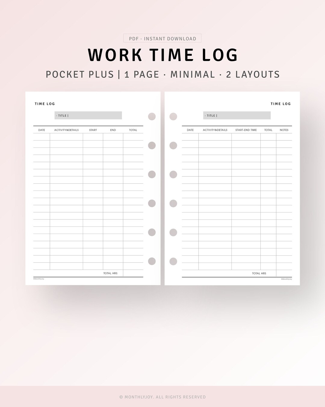 Work Time Log Pocket Plus Inserts Printable Activity Tracker ...