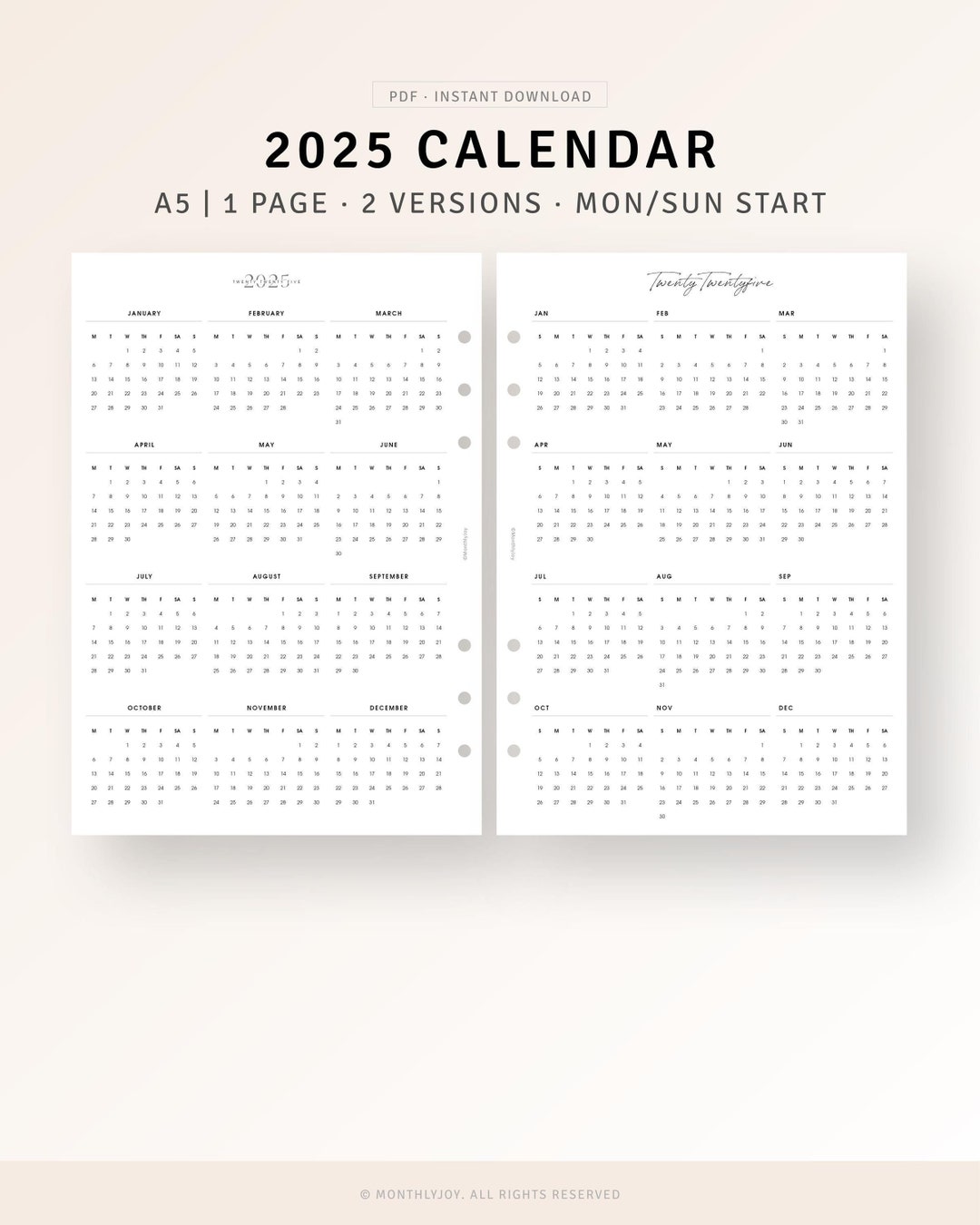 2025 Calendar Printable A5 Planner Inserts, Year at A Glance, New Year ...