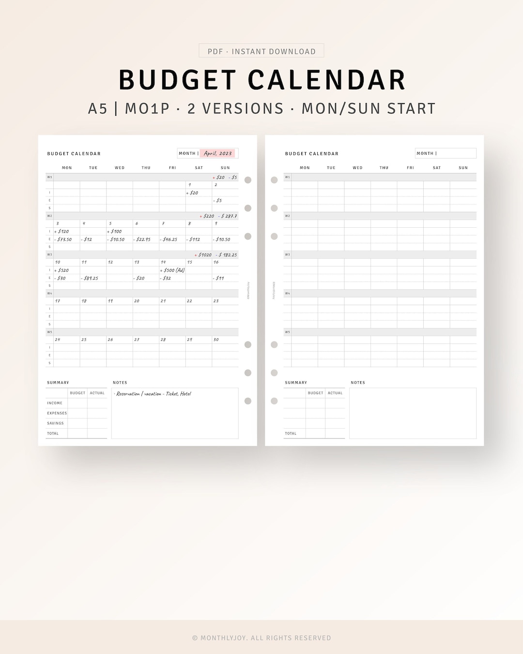 Budget Calendar Template A5 Ring Inserts Printable Income Expense ...