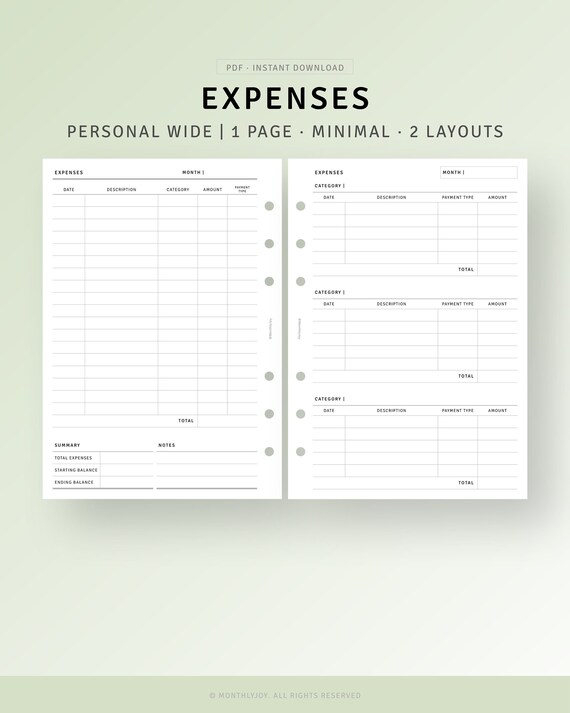 Monthly Expense Tracker Personal Wide Printable Expense Log - Etsy