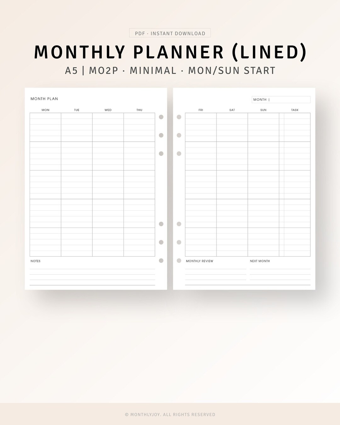 Simple Monthly Planner PDF Printable A5 Planner Inserts, Undated ...