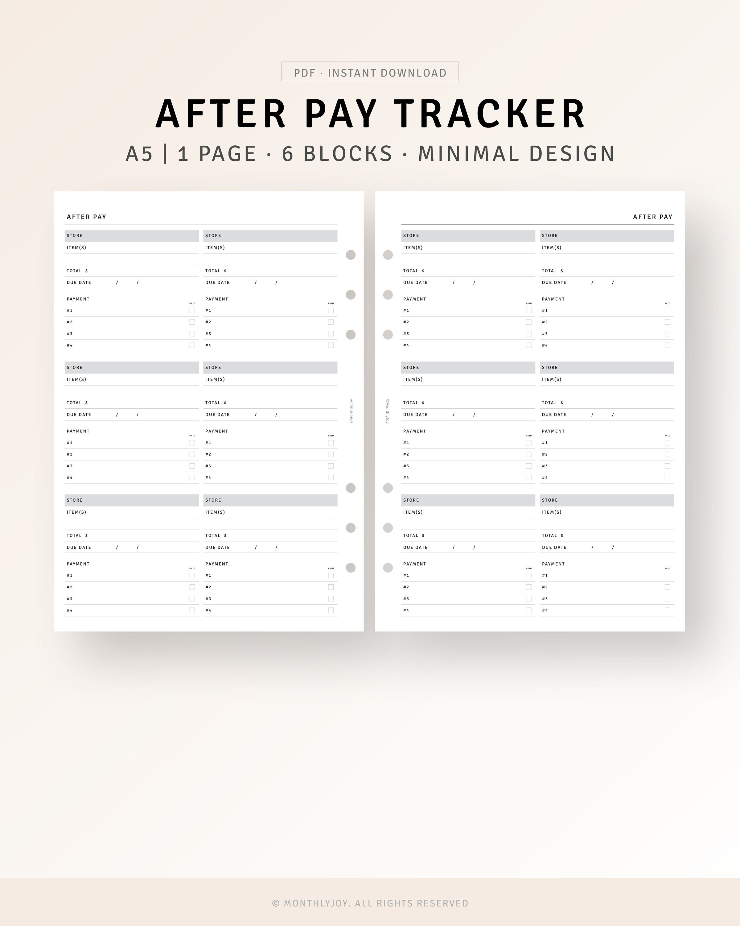 After Pay Tracker A5 Planner Inserts Payment Tracker Sheet - Etsy