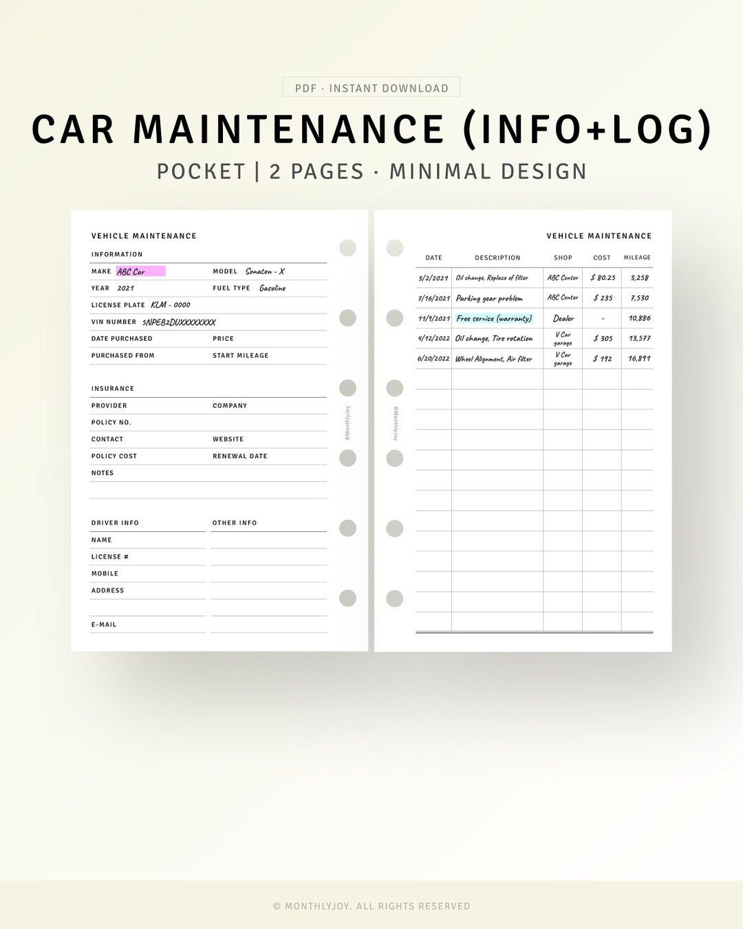 Car Maintenance Checklist Pocket Planner Printable Car Oil Change ...