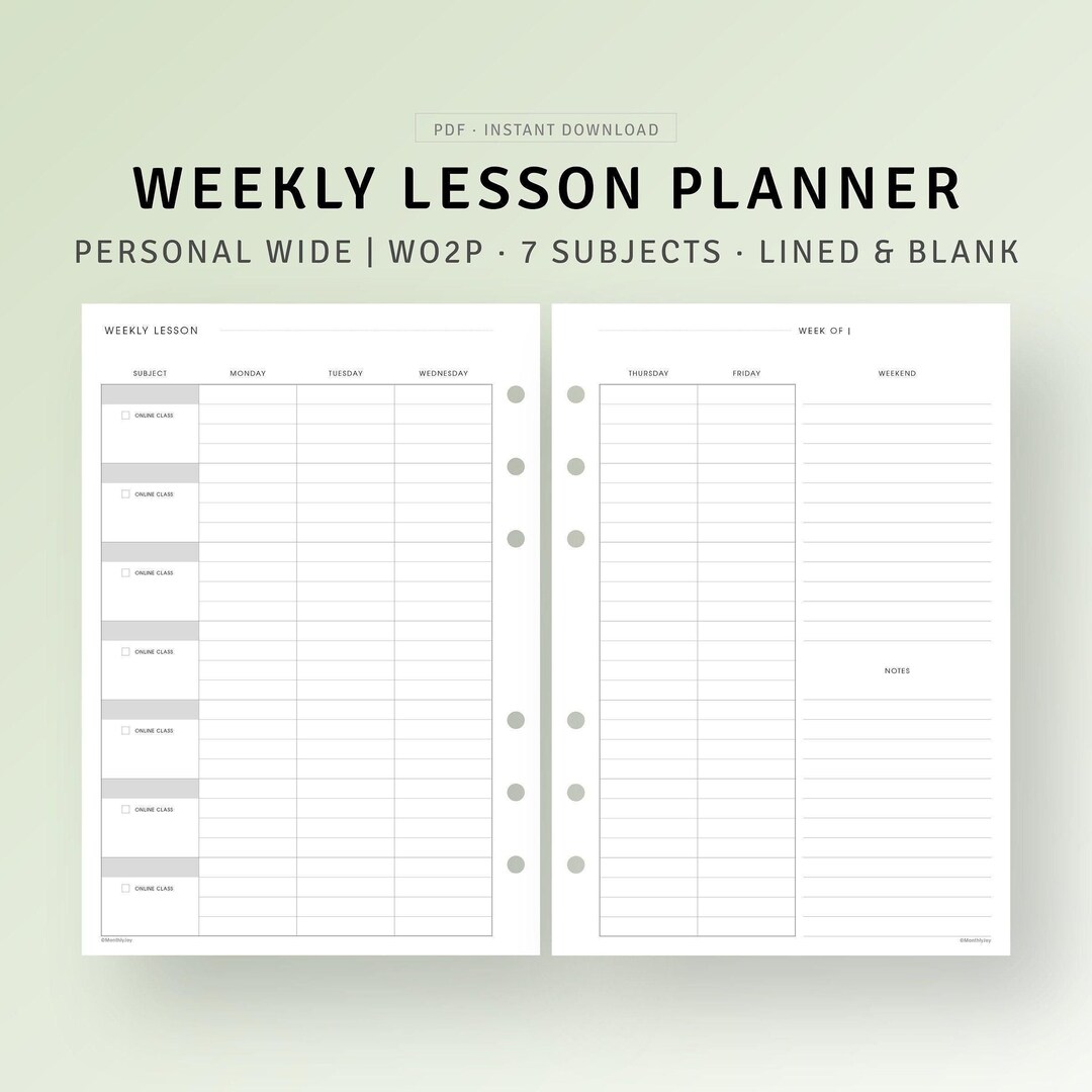 Lesson Planner Printable Personal Wide Inserts, Weekly Student Subject ...