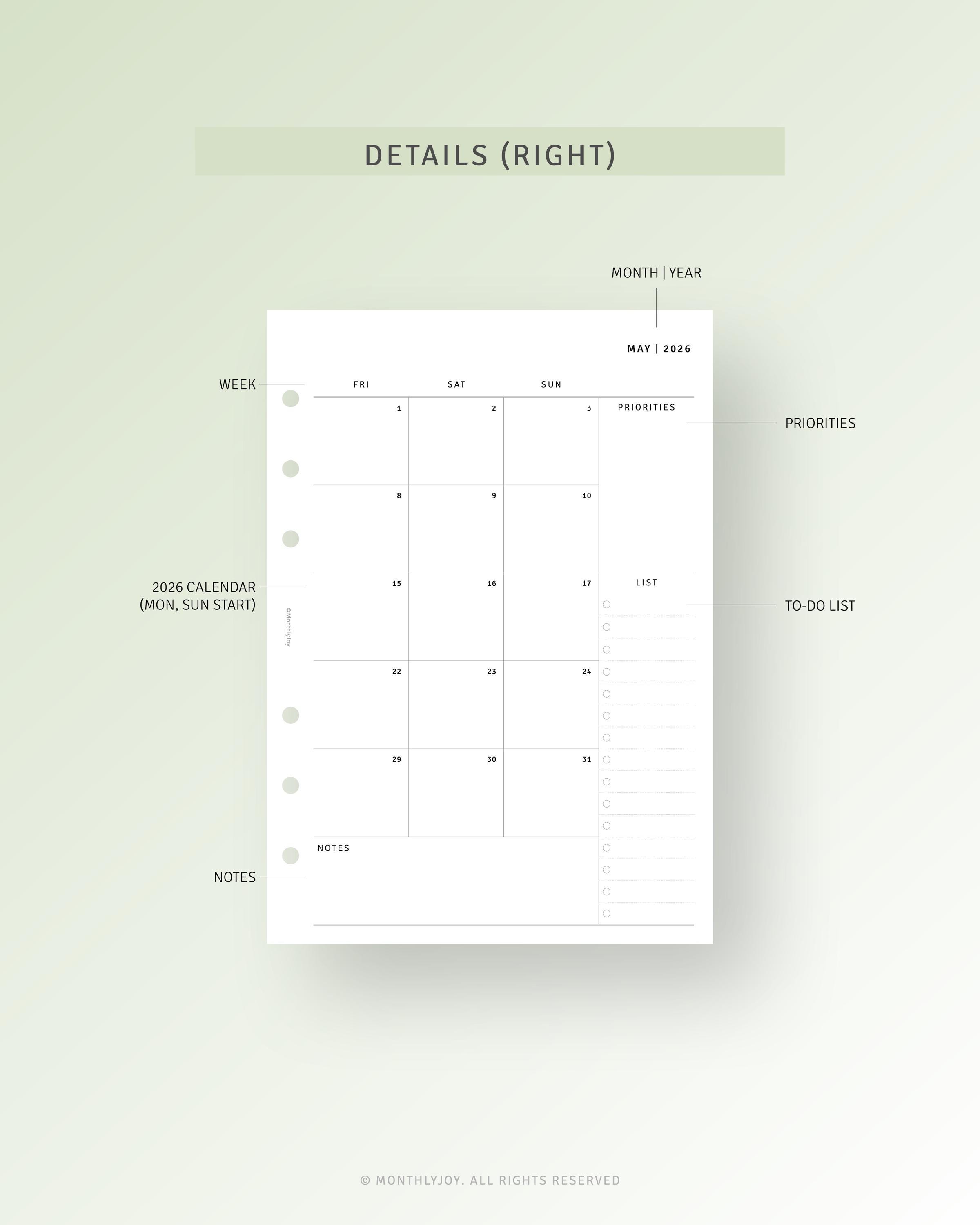2026 Monthly Planner Printable Dated Calendar Personal Wide Refills ...