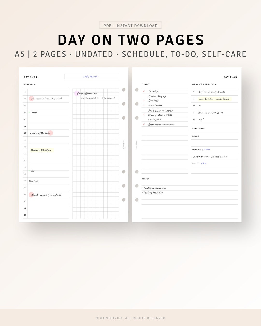 A5 Inserts, Day on Two Pages Printable Daily Planner Pages Template PDF ...