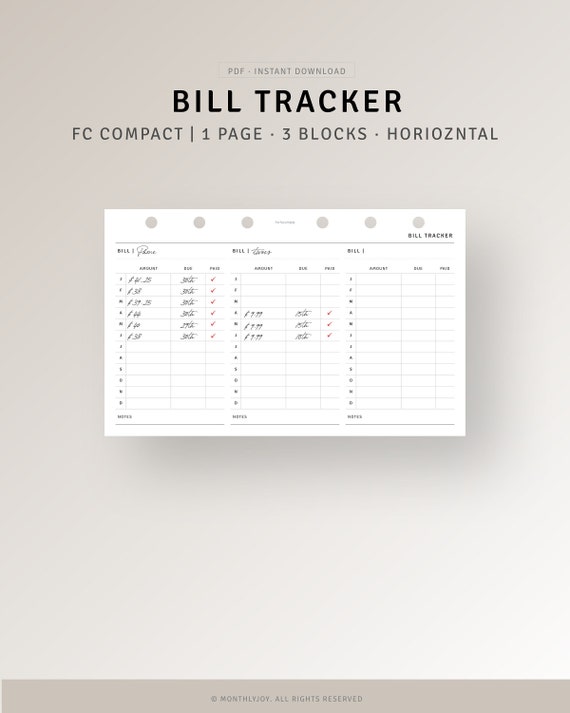 Bill Tracker FC Compact Inserts Printable Bill Organizer - Etsy
