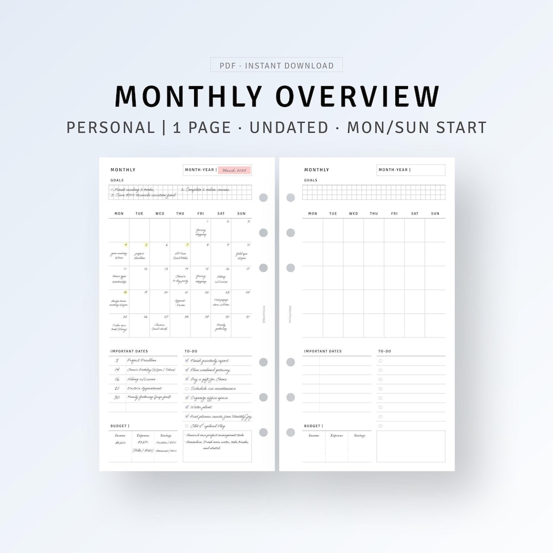 Monthly Overview Personal Inserts Printable Simple Month Calendar ...