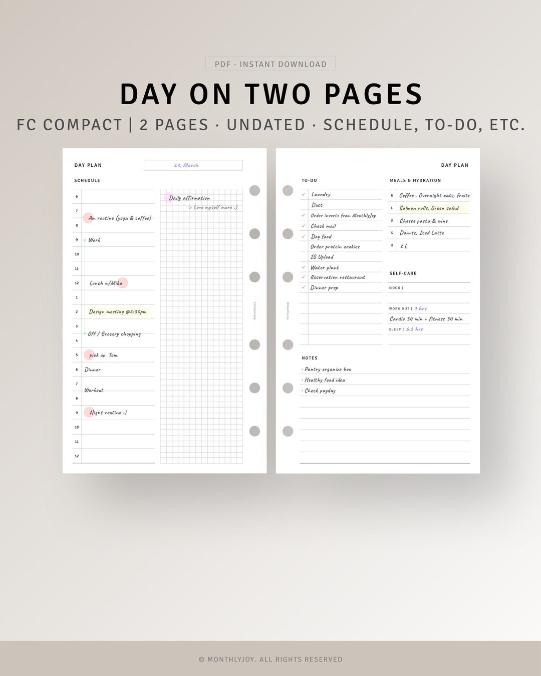 Day on 2 Pages FC Compact Printable Daily Hourly Scheduler, Undated ...