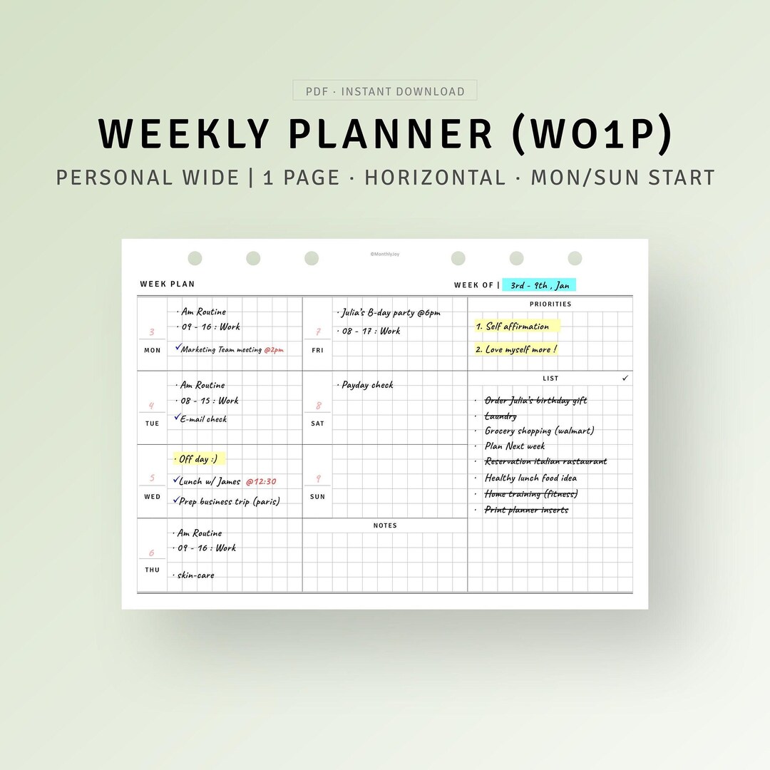 Undated Weekly Planner Pages Personal Wide Printable Weekly Layout ...