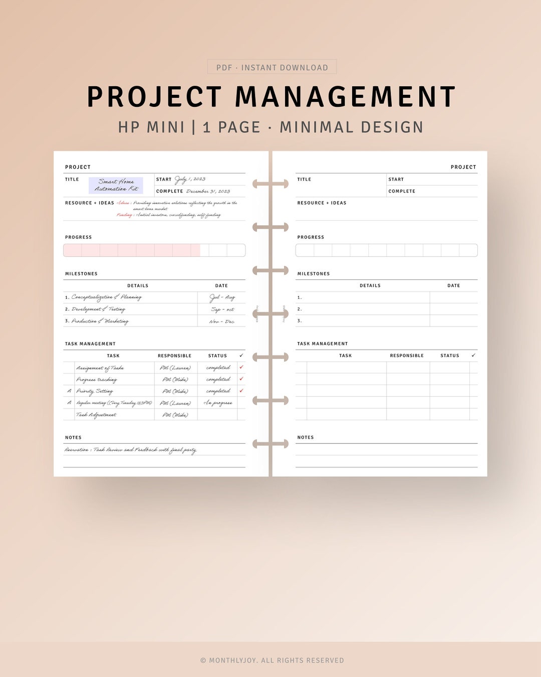 Project Management Template HP Mini Inserts Printable, Office Team ...