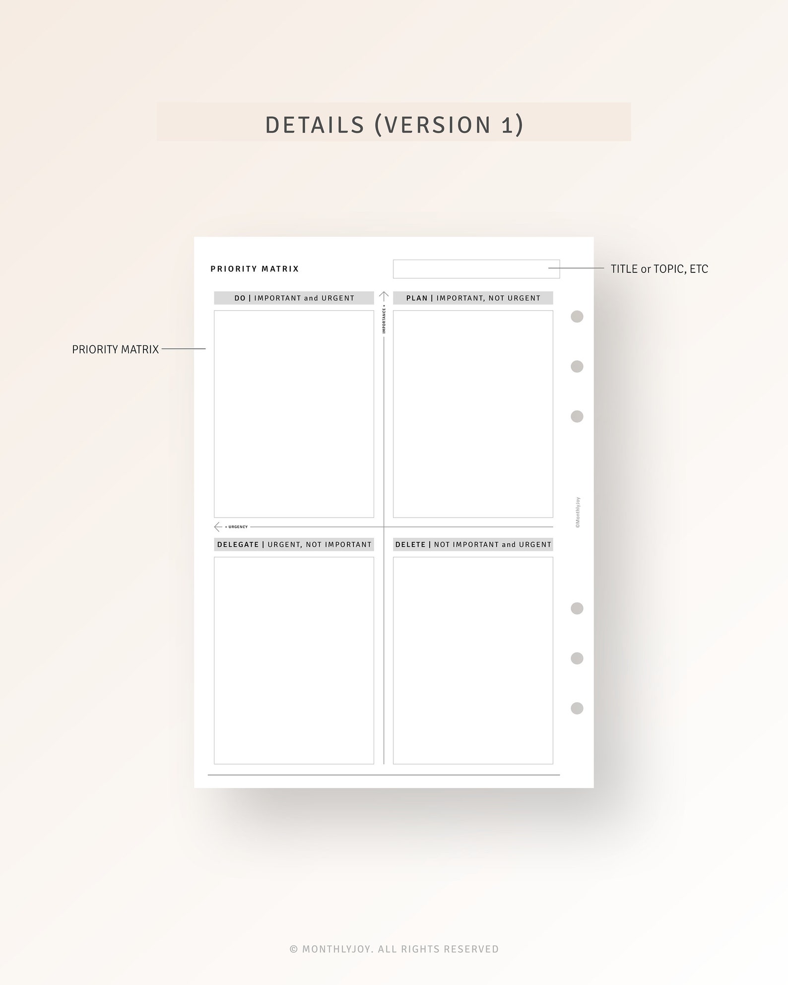 Priority Matrix Template A5 Printable Inserts, Productivity Planner ...