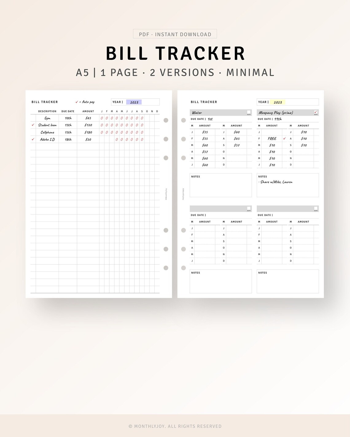 Bill Organizer Printable A5 Inserts, Money Spending Log Template ...
