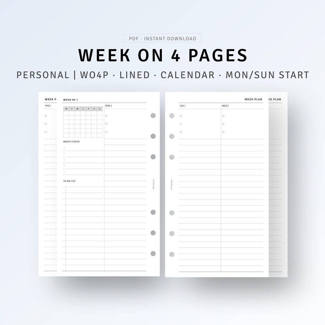 Personal, Week on 4 Pages Printable Undated Weekly Planner With ...