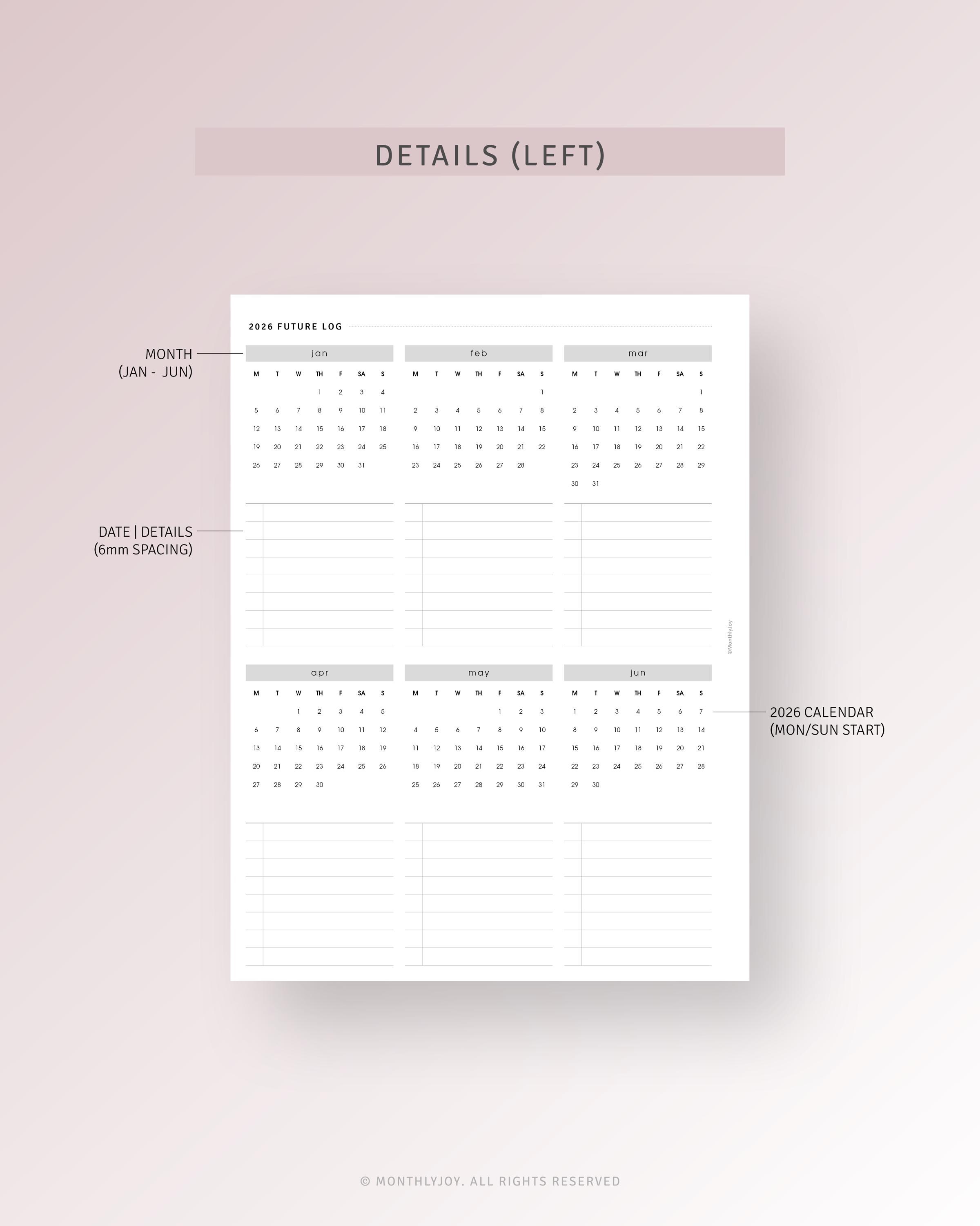 2026 Future Log Printable HP Classic Planner Inserts, Yearly Overview ...