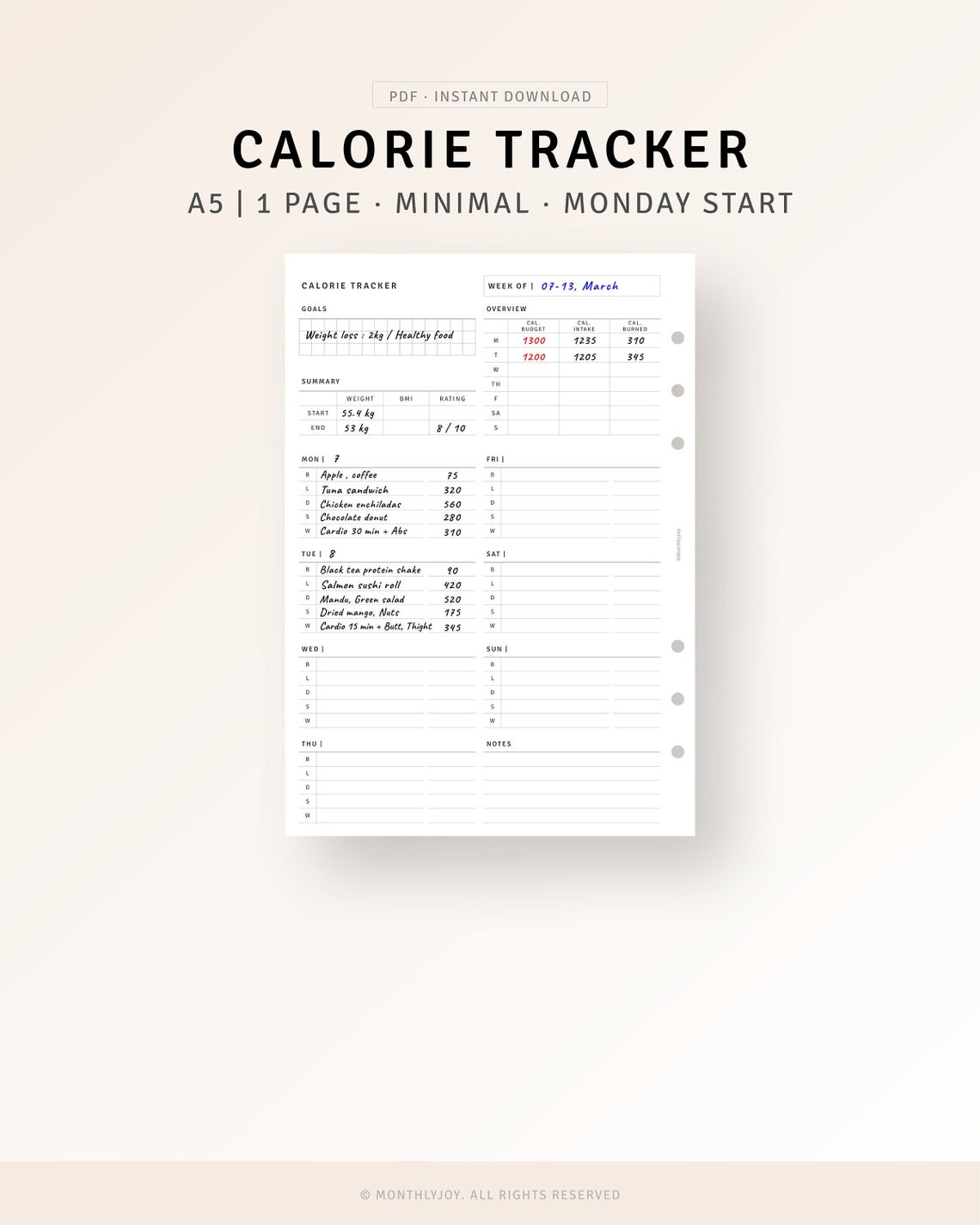 Calorie Tracker Printable A5 Inserts Weekly Food Diary - Etsy