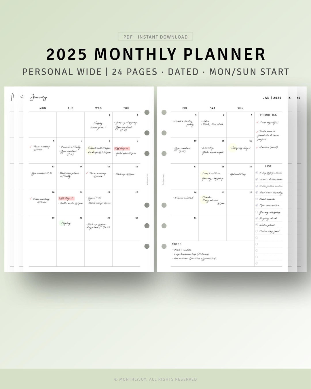 2025 Planner Monthly Personal Wide Printable Dated 2025 Calendar ...