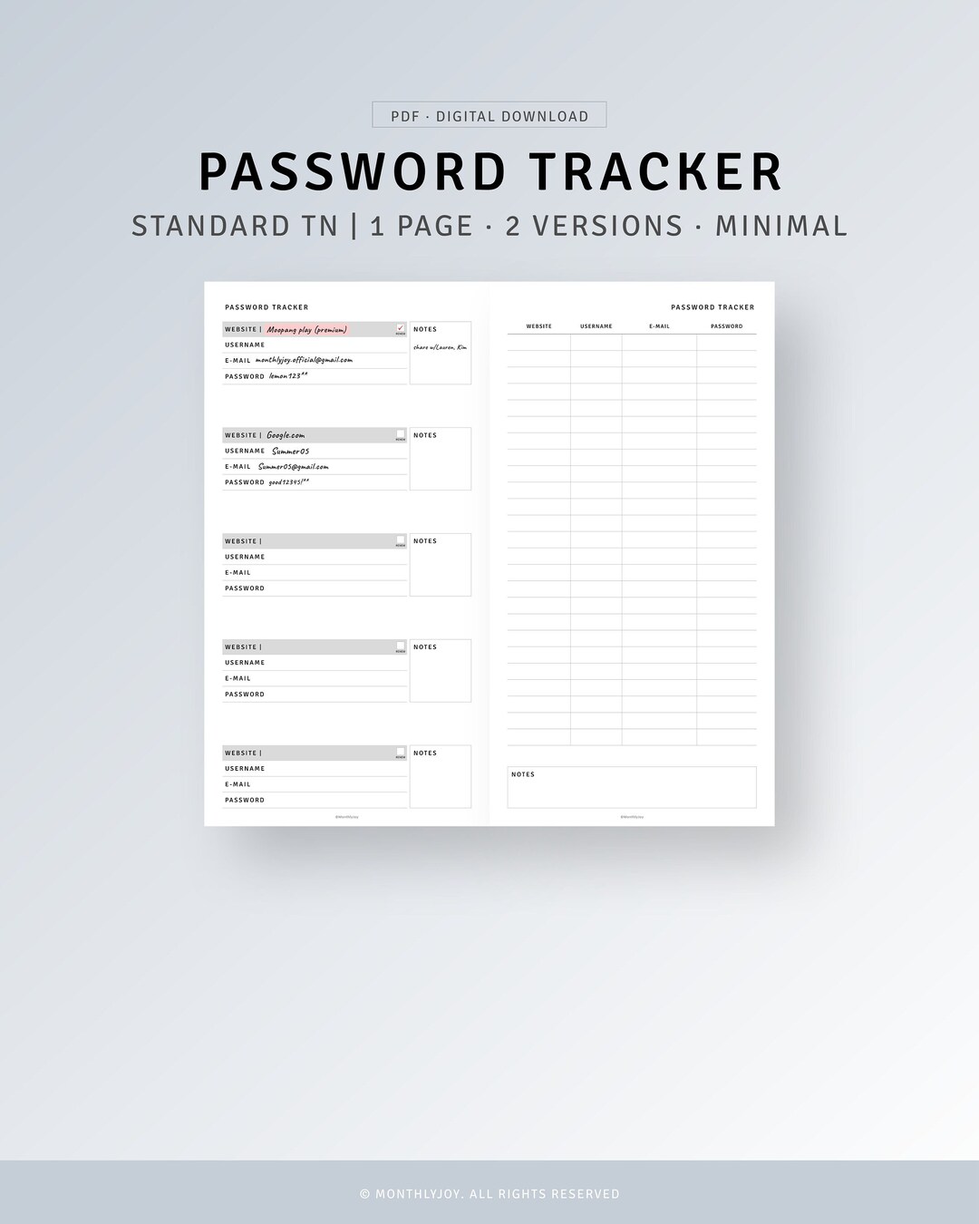 Password Tracker TN Standard Inserts Printable, Website Login Password ...