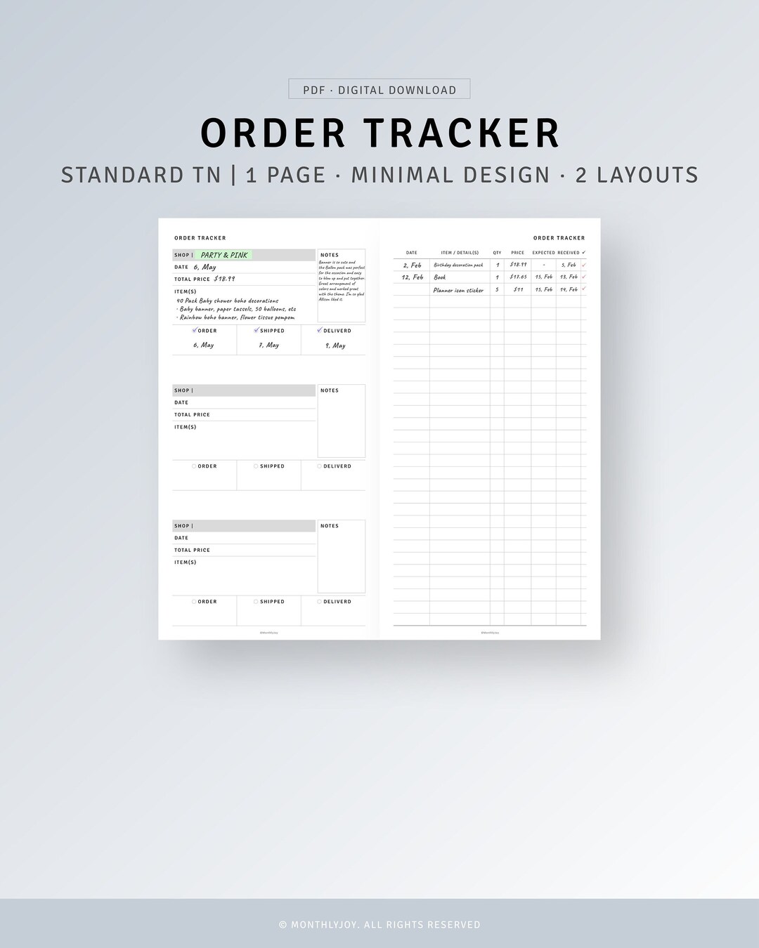TN STANDARD Order Tracker Printable Purchase Log Online - Etsy