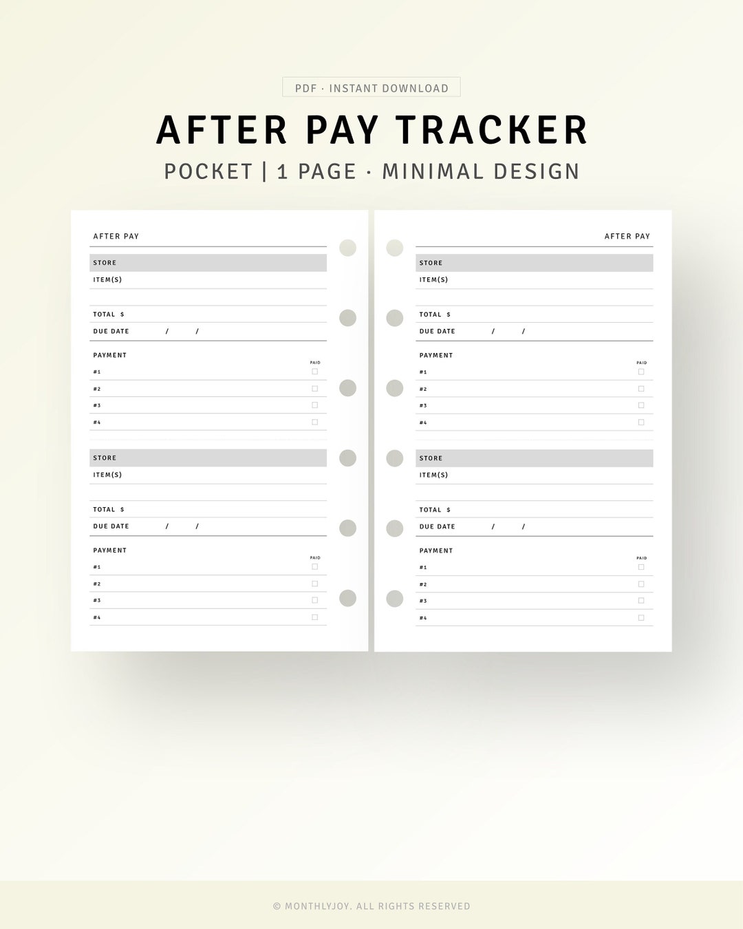 After Pay Tracker Printable Pocket Size Inserts, Payment Tracker ...