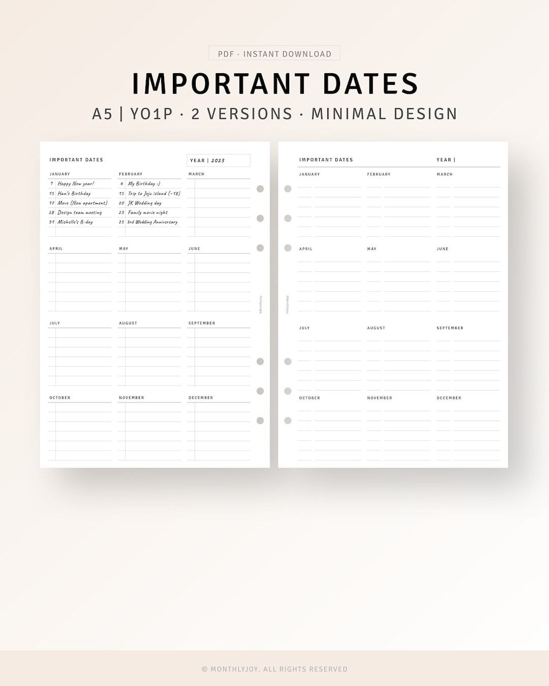 Yearly Important Dates Printable A5 Planner Inserts, Birthday Parties ...
