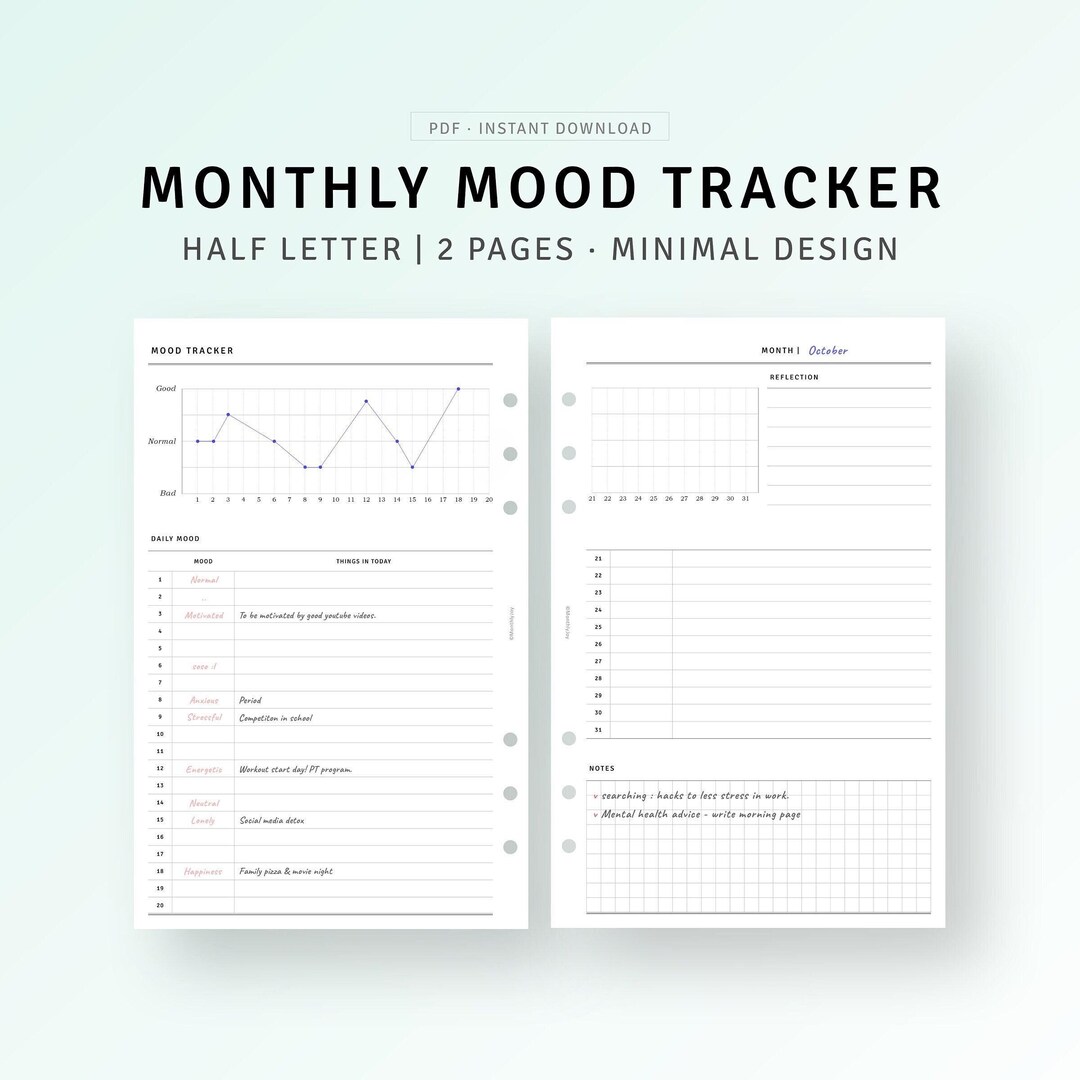 Mood Tracker Printable Half Letter Inserts, Monthly Mood Journal ...