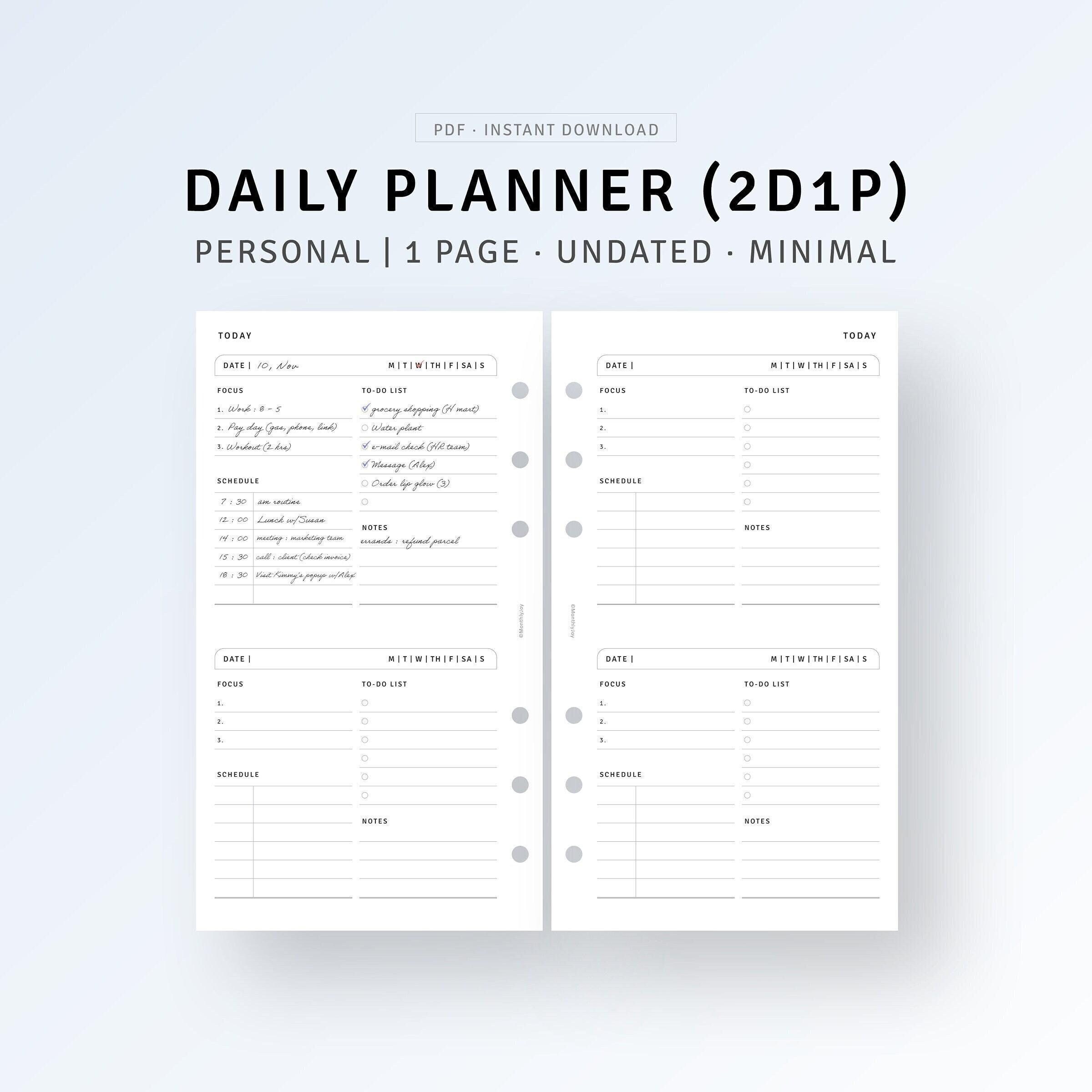 Personal, Daily Planner Pages Printable 2 Days on 1 Page, Undated Daily ...