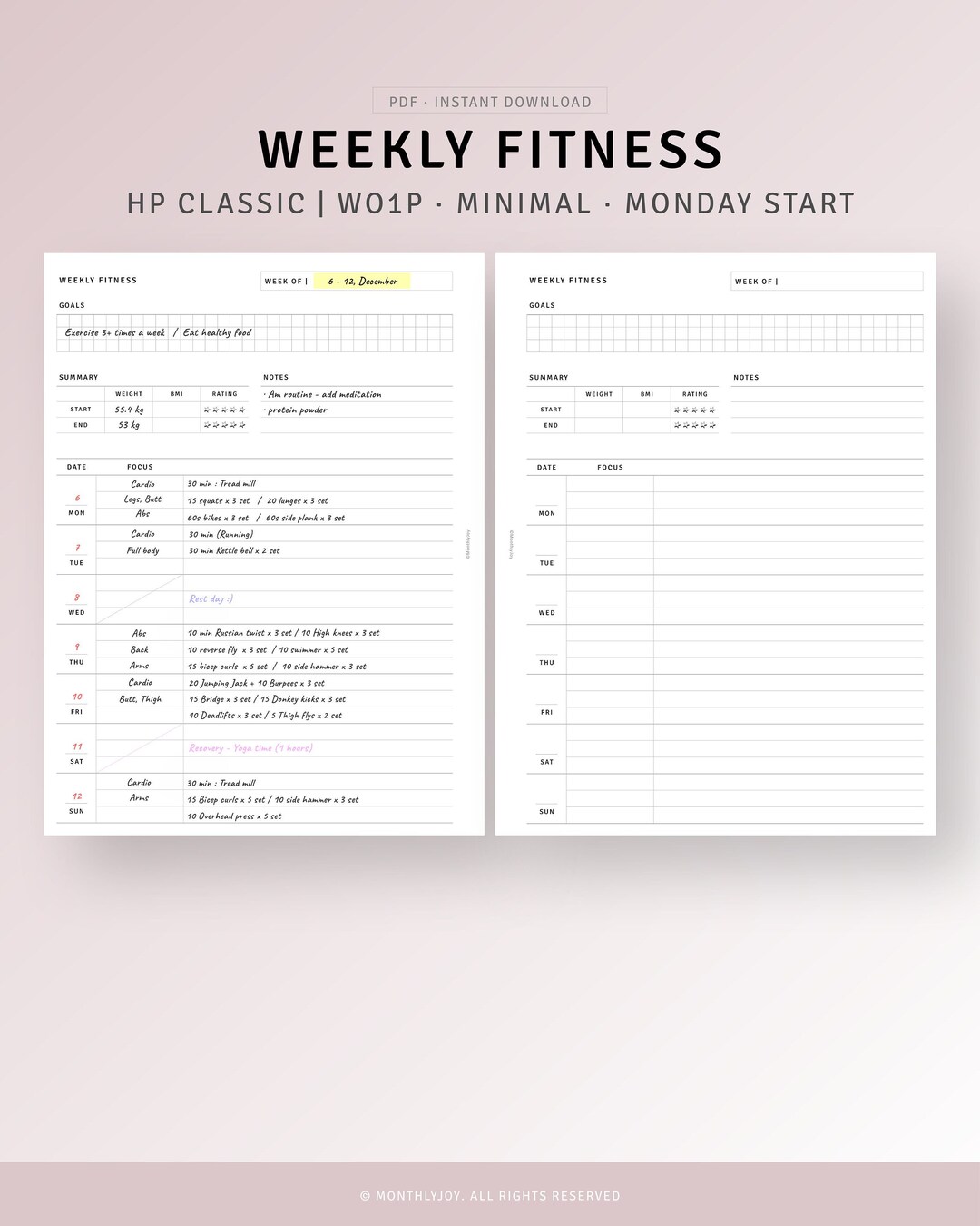 Weekly Fitness Tracker Printable HP Classic Inserts, Health Exercise ...